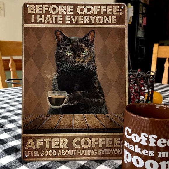 Wall Decor | Cat Before Coffee I Hate Everyone Vintage Wall Decor ...